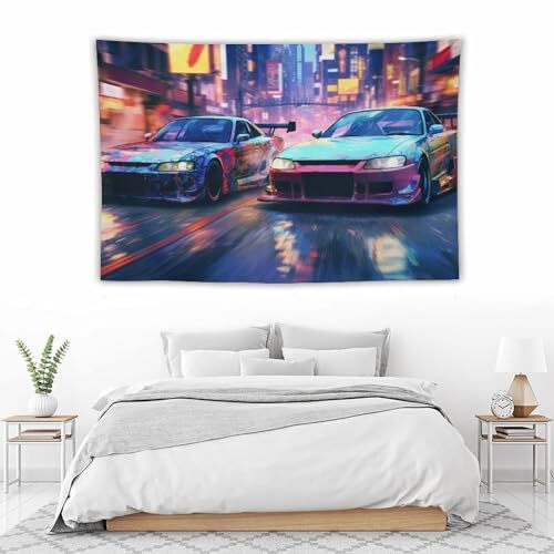 Car Wall Tapestry Wall Art Car Flag Anime S13 S15 Blue Tokyo Drifting ...