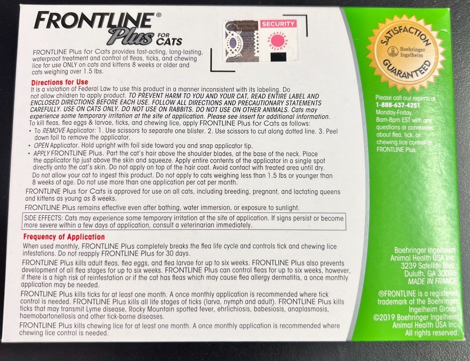 Frontline Plus for CATS over 1.5lbs/8 weeks 8 doses Fleas & Ticks 2486 ...