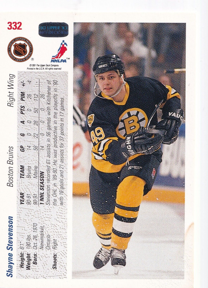 1991-92 Upper Deck #331 Shayne Stevenson- Boston + (Yes 3 Free Mystery ...