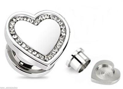PAIR-Heart w/Clear Gems Stash Steel Screw On Ear Plugs 16mm/5/8" Gauge ...