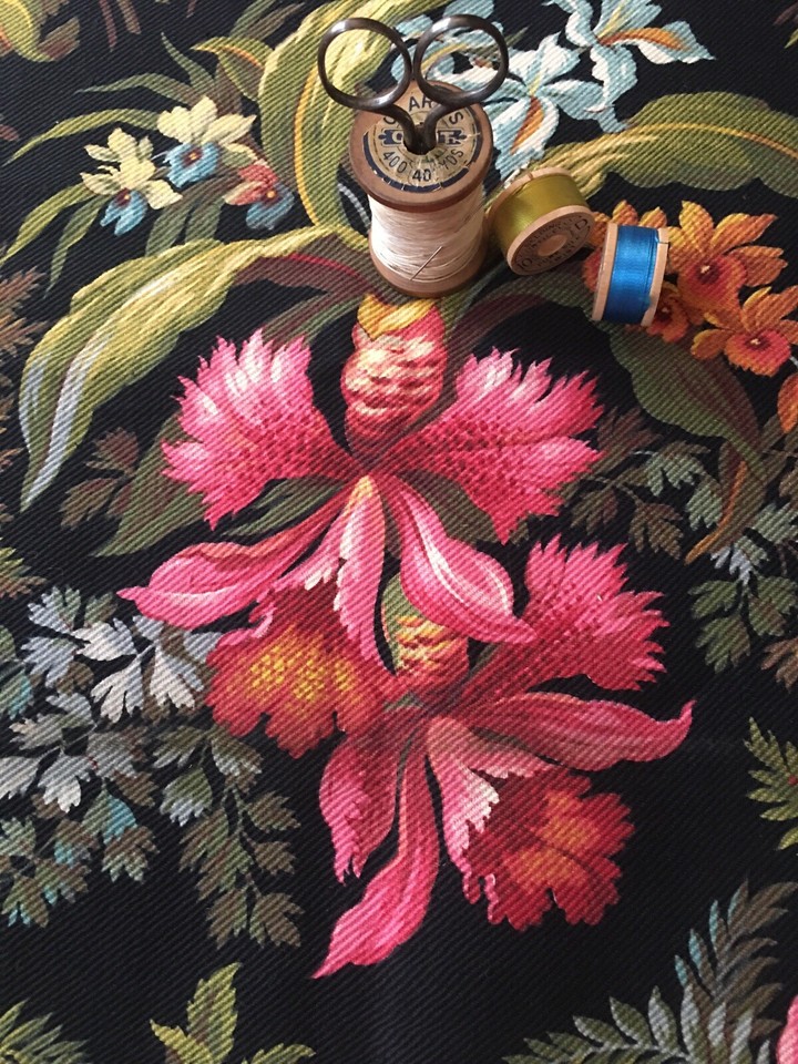 Antique French Botanical Floral Exotic Orchid Cotton Fabric ~Black ...