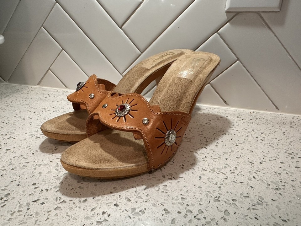 Vintage 80’s Candies Sandals Cutwork Rhinestone Tan High Heels Slides ...