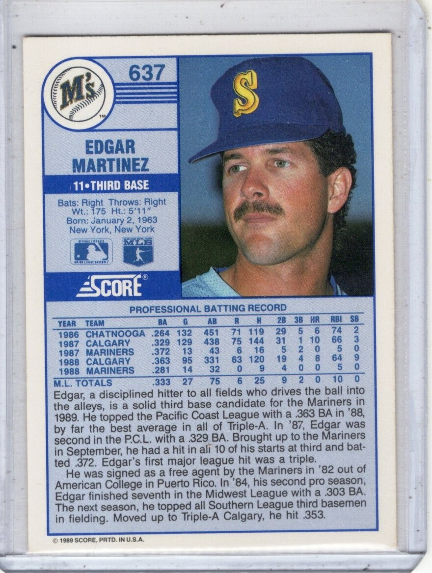 1989 Score Edgar Martinez Rookie Card #637 Seattle Mariners Baseball ...