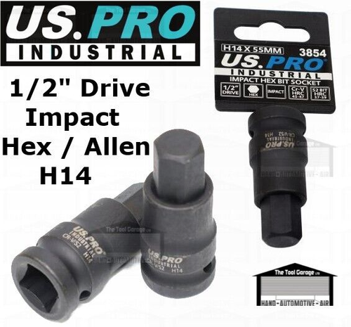 US PRO INDUSTRIAL Single 1/2" dr Impact Hex Allen Bit Socket M14 x 55mm ...