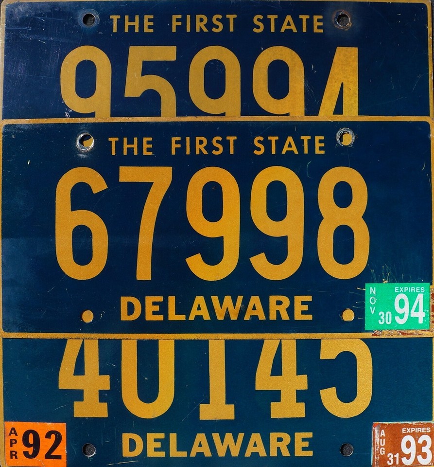 DELAWARE LICENSE PLATES - Yellow on Blue Flat License Plate Tags Random ...