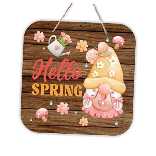 Spring Decor Hello Spring Gnome Sign Welcome Front Door Round Wood Sign ...
