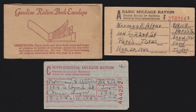 US 1941 WWII Gas Ration Envelope, Card and Supplemental Card with ...