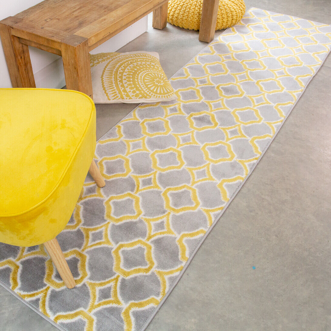 Modern Yellow Ochre Long Runner Rugs Soft Geometric Narrow Thin Hallway ...