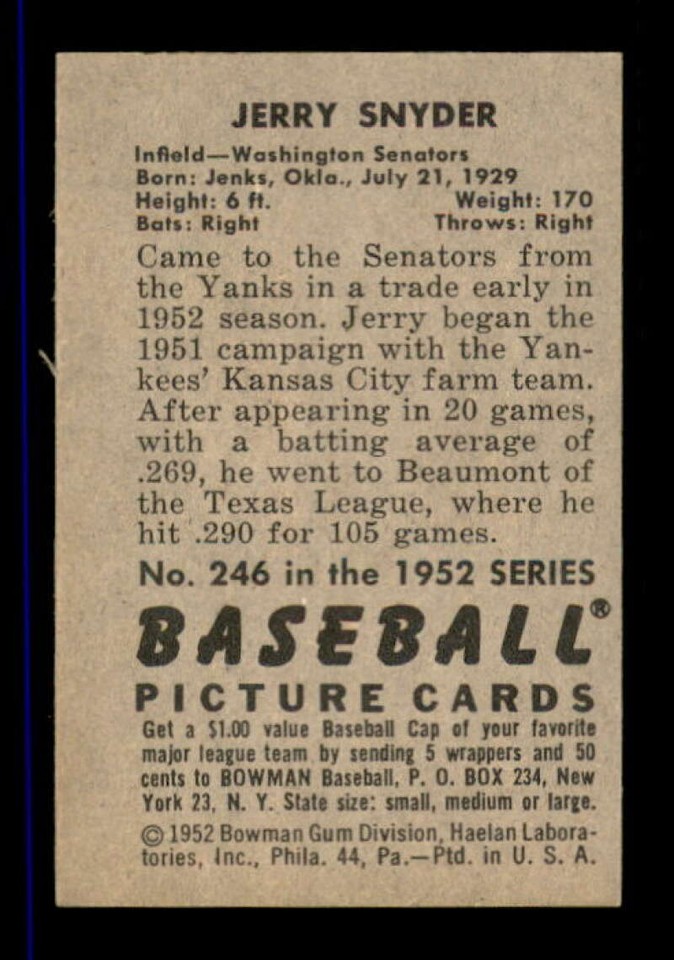 1952 Bowman #246 Jerry Snyder EX+ RC Rookie Senators 548659 | eBay