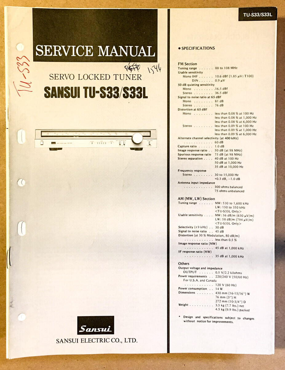 Sansui TU-S33 Tuner Service Manual *Original* | eBay