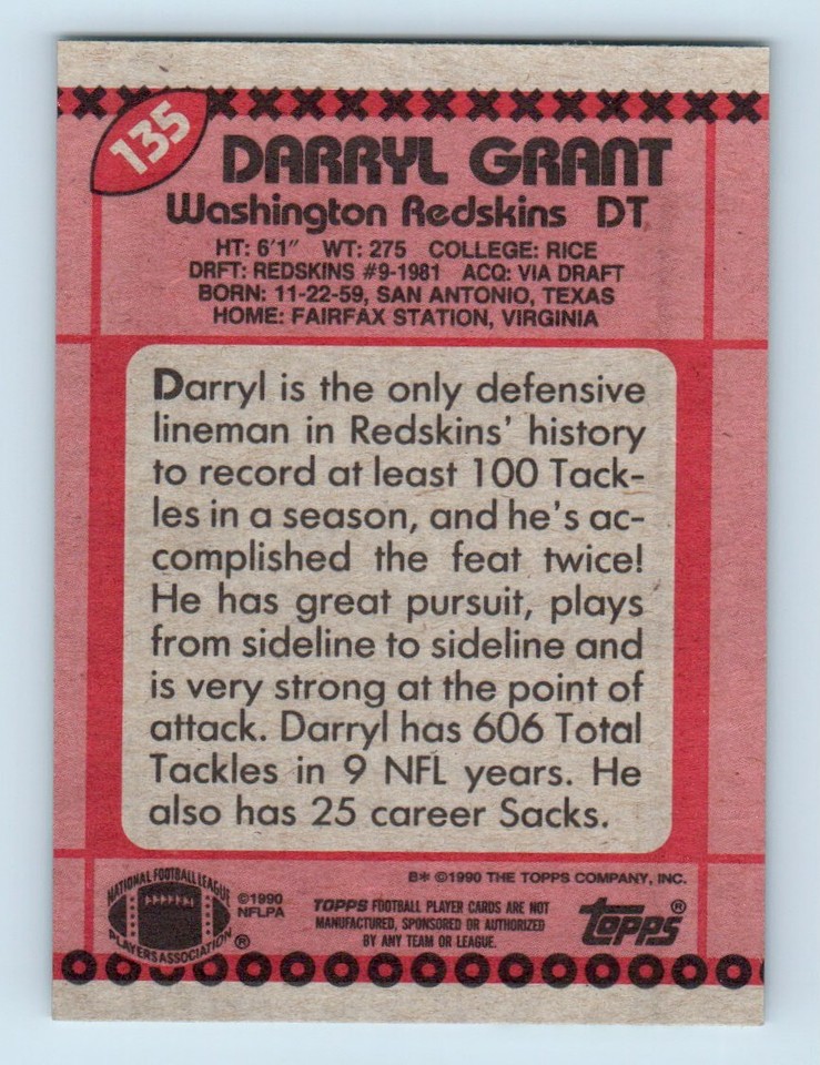 1990 Topps Darryl Grant Washington Redskins #135 | eBay