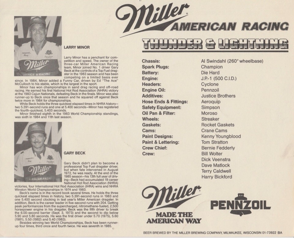1986 Larry Minor + Gary Beck Miller American Top Fuel NHRA postcard ...