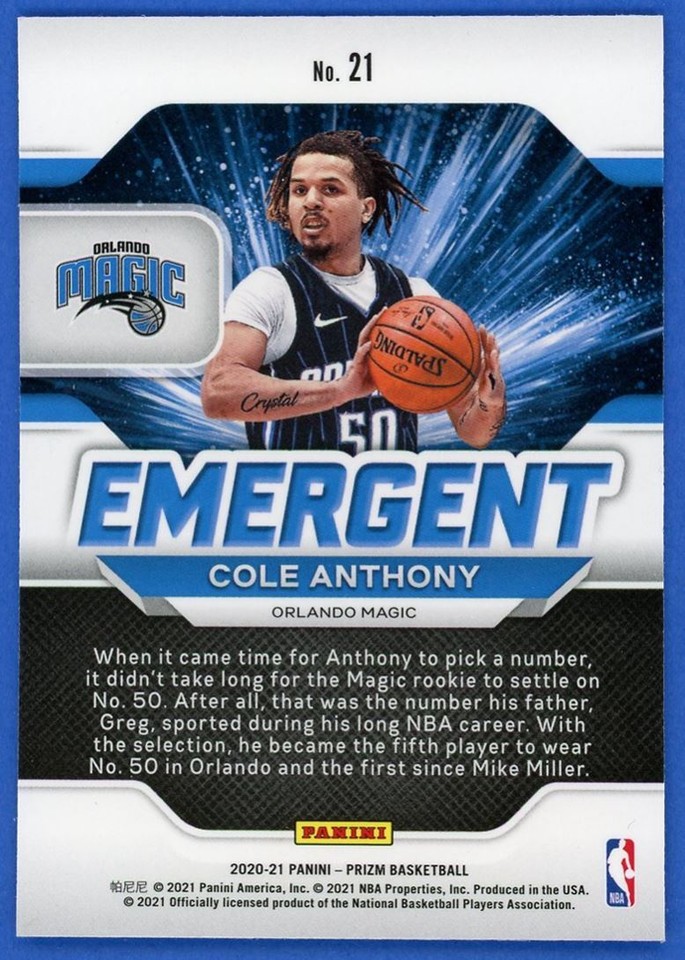 2020-21 Panini Prizm Emergent Cole Anthony RC Orlando Magic #21 | eBay