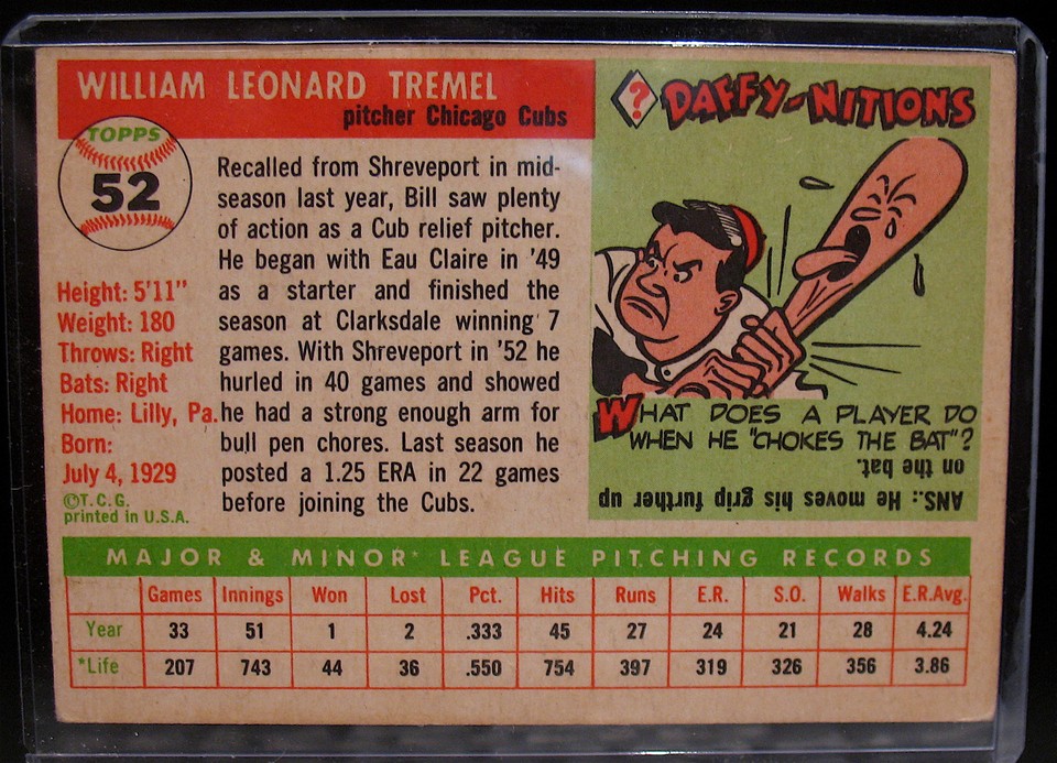 1955 Topps BILL TREMEL #52 Baseball Card-VG/EX Condition-CHICAGO CUBS ...