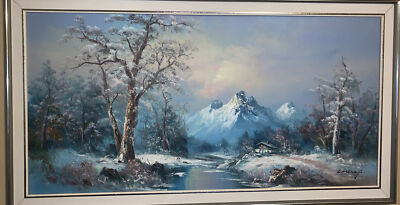 LARGE L HARDING PAINTING ON CANVAS / LANDSCAPE MOUNTAINS WINTER SIGNED ...