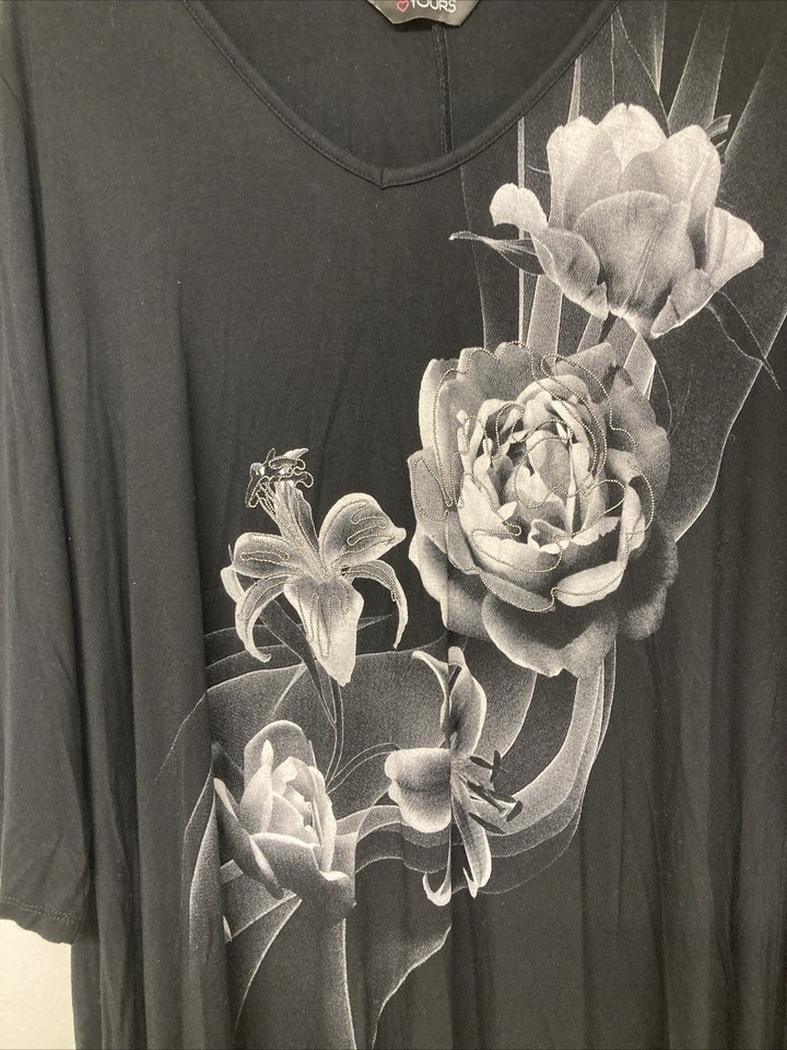 Yours Ladies Long Flowy Top Size 20 Black Grey Stone Flower Pattern 3/4 ...