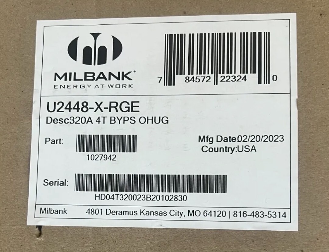 Milbank U2448-X-RGE, 320 Amp, Single Phase, Lever Bypass, 4 Term, Meter ...