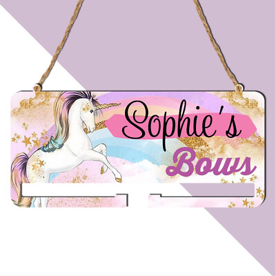 Personalised Girls Hair Bow Holder Storage Rail Unicorn Bedroom Wall ...