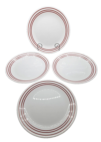 4 Corelle 10" Ruby Red Stripes Dots Vitrelle Dinner Plates Vintage USA ...