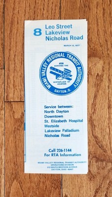 1977 RTA MIAMI VALLEY REGIONAL TRANSIT AUTHORITY BUS TIME TABLE 8 ...
