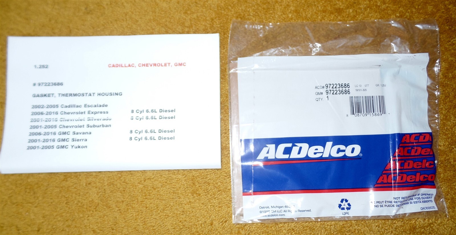 2001-2017 Cad/Chev/GMC/Hum Eng Oil Cooler Gasket NEW 15203889 Genuine ...