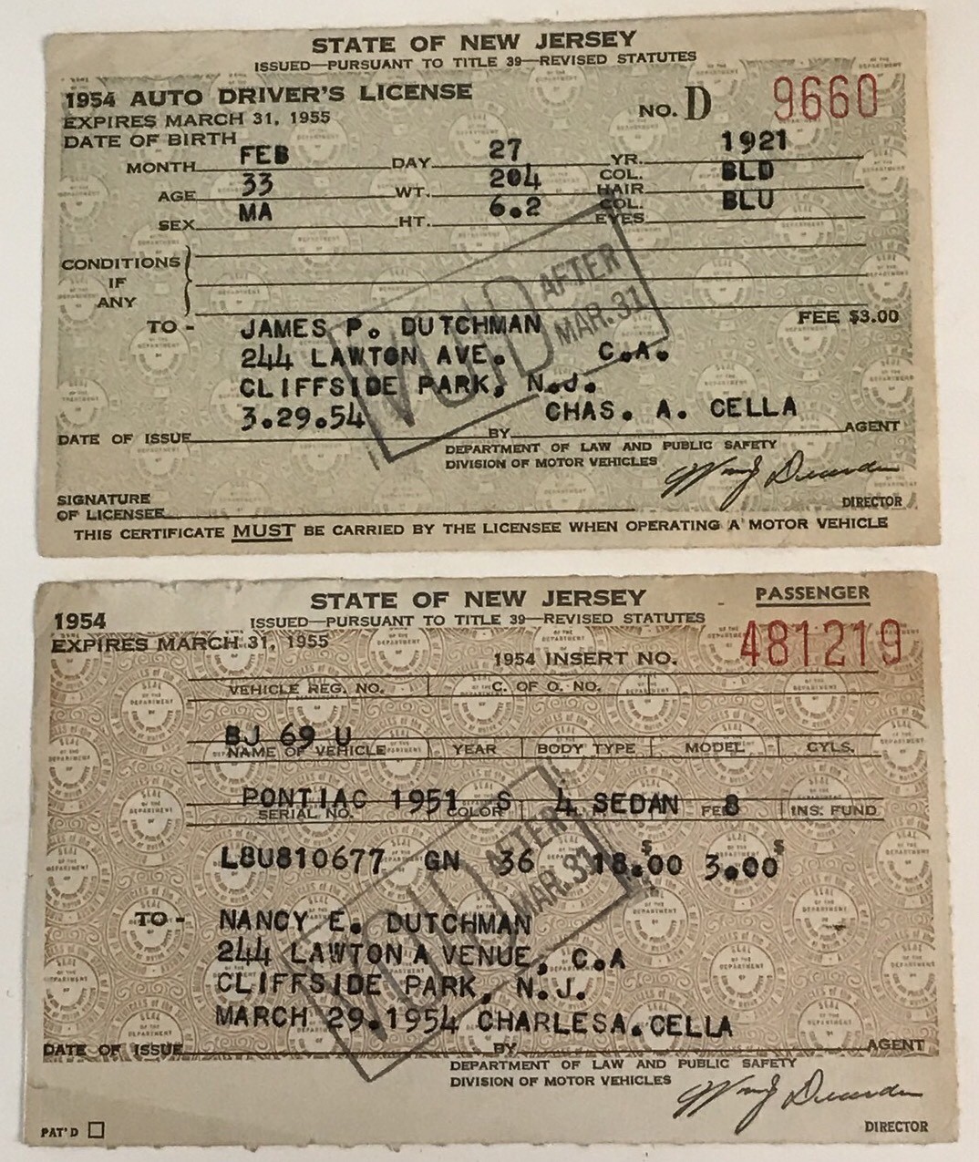 1954 State of New Jersey Auto Driver's License & Car Registration ...