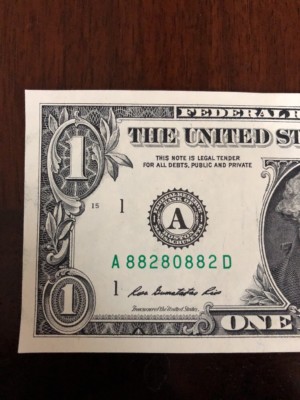 SUPER-BOOKEND TRINARY NOTE $1 Dollar Bill SERIAL # A88280882D FIVE of a ...