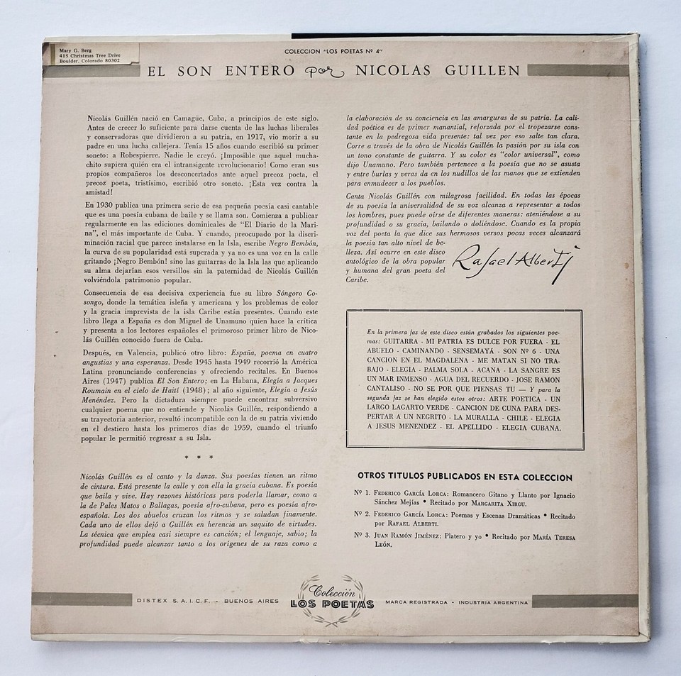 Nicolas Guillen LP El Son Entero - Rare Cuban Poetry Argentina | eBay