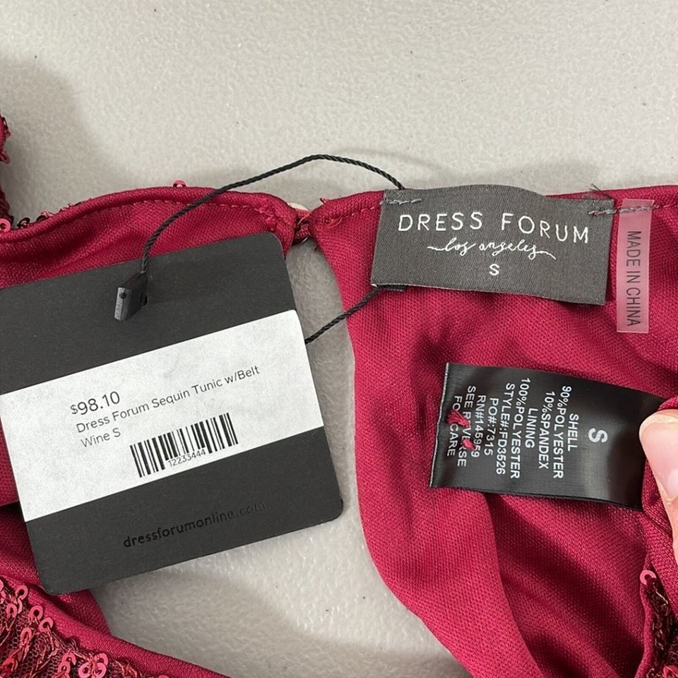 Dress Forum NWT Dress Womens S Small Wine Red Sequin Tunic Belt Long ...