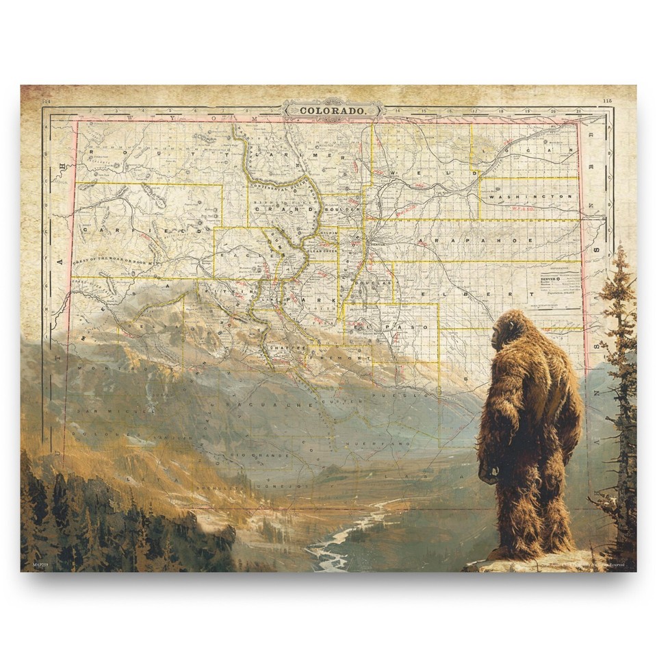 Sasquatch Bigfoot Art Print Vintage Colorado State Map Wall Decor ...