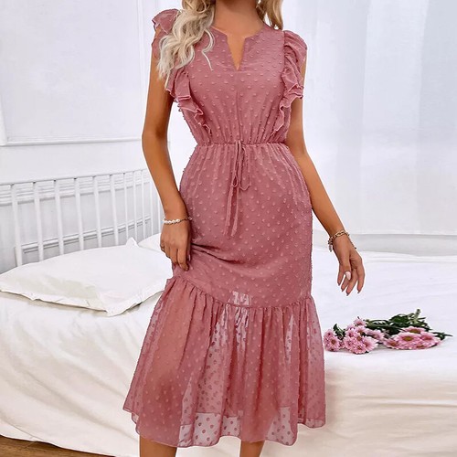Robe Femme Élégant Long Rose Satin Boho Jupe Longuette Ceinture 15669 ...