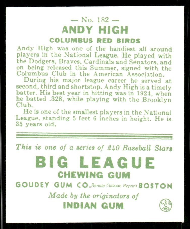 Andy High 1983 Goudey Big League Gum REPRINT Baseball Card #182 (NM) | eBay