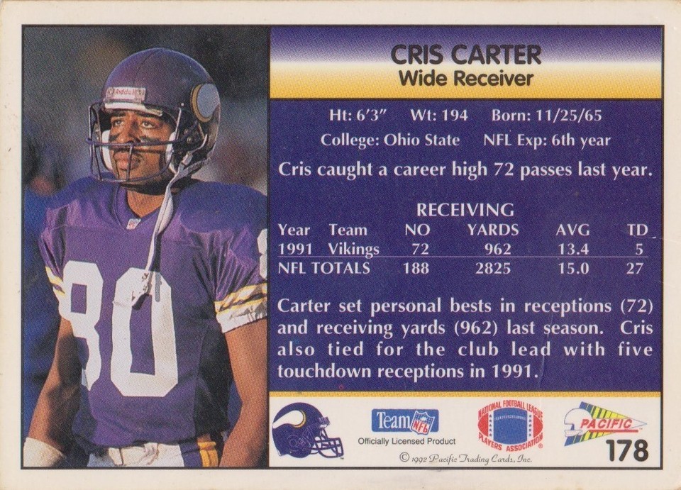 1992 PACIFIC CRIS CARTER IN PERSON AUTOGRAPH SIGNED VIKINGS FOOTBALL ...
