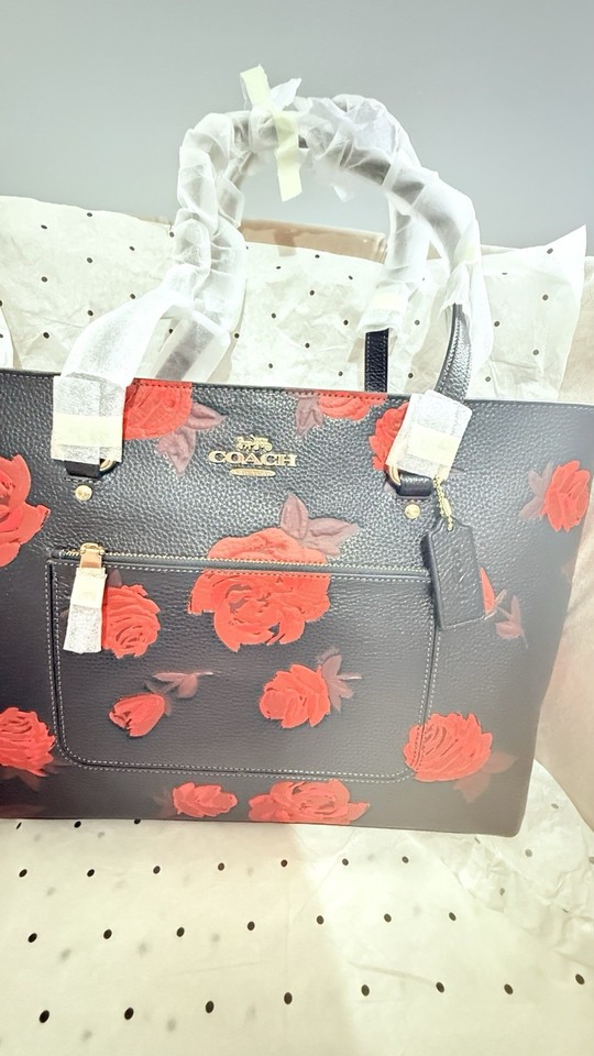 NWT Coach Station Tote Bag Handbag Leather Floral Print CCE23 Black Red ...