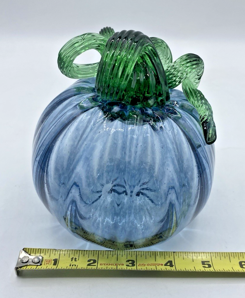 Wheaton Arts Glass Hand Blown Clear Blue Pumpkin Gourd Green Curly Stem ...