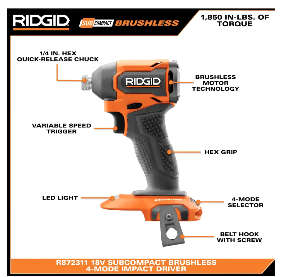 RIDGID Impact Driver 18V Brushless Sub Compact 1/4" Tool only entire US ...