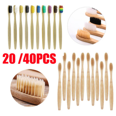 20/40Pcs Eco Friendly Natural Bamboo Toothbrush Wood Medium Adult ...