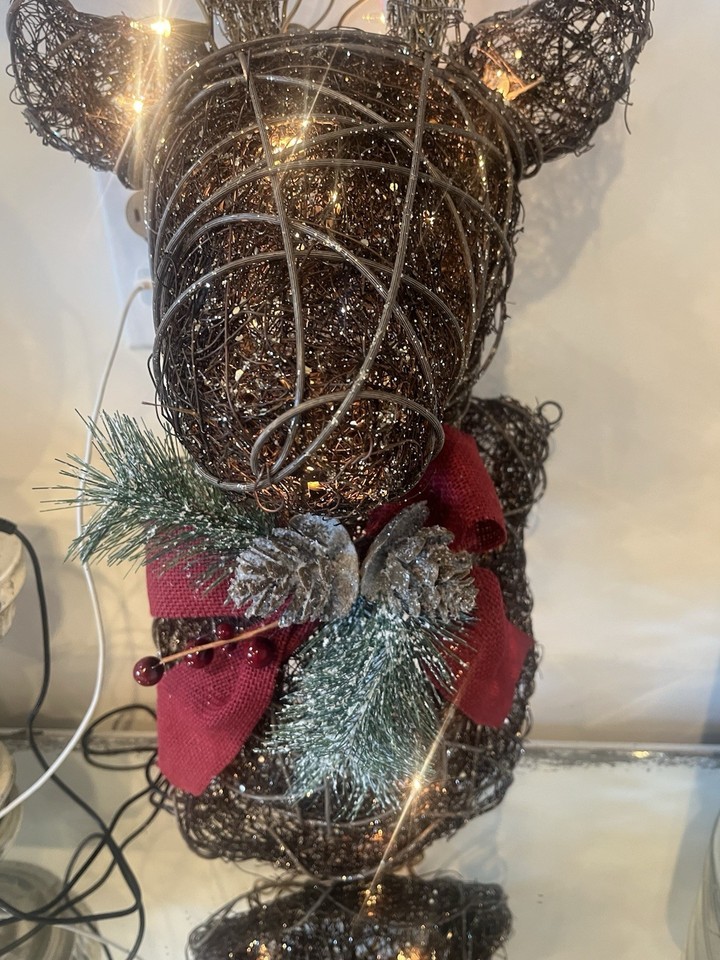 Pottery Barn lit Vine reindeer stag head w red bow Christmas New wo box ...
