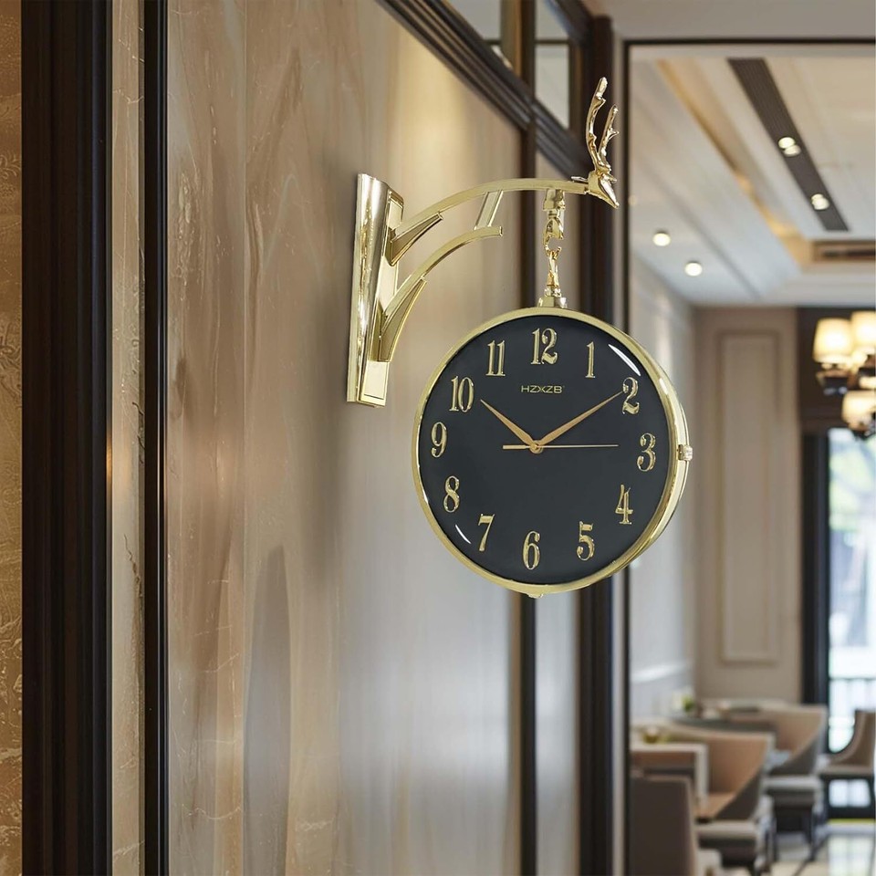 Elegant Deer Head Double-Sided 2 Faces Retro Station Round Wall Clock ...