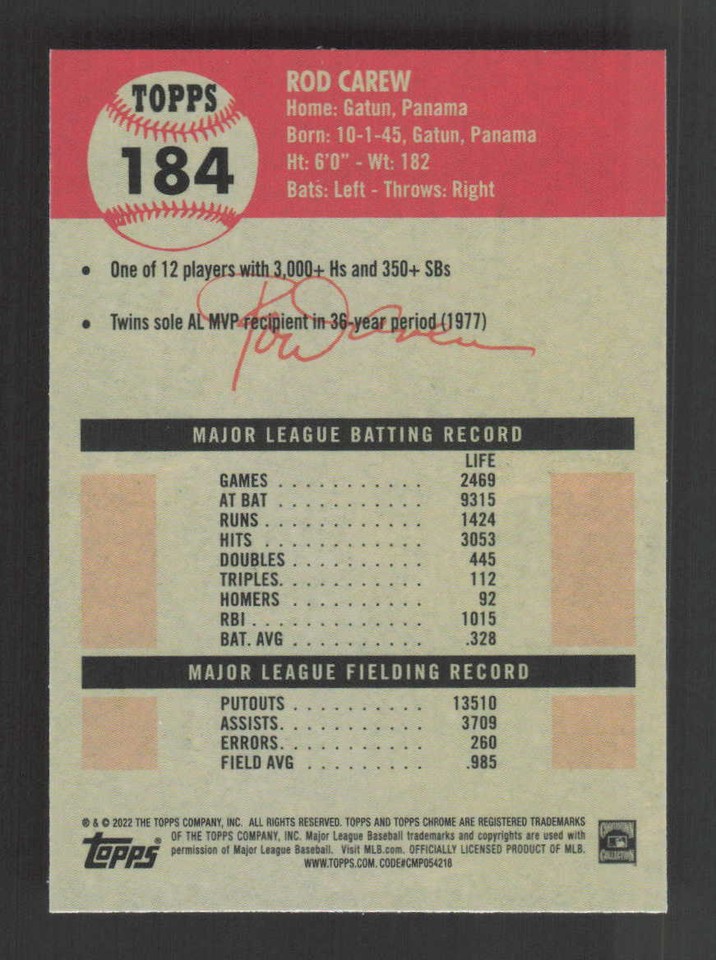 Rod Carew 2022 Topps Chrome Platinum Anniversary Minnesota Twins #184 | eBay