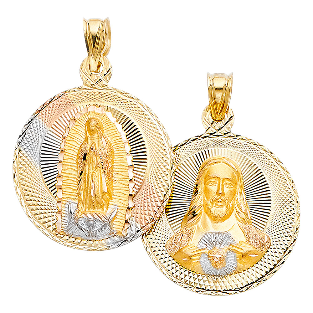 14K Yellow White Rose Real Gold Jesus Virgin Mary Double Sided Pendant ...