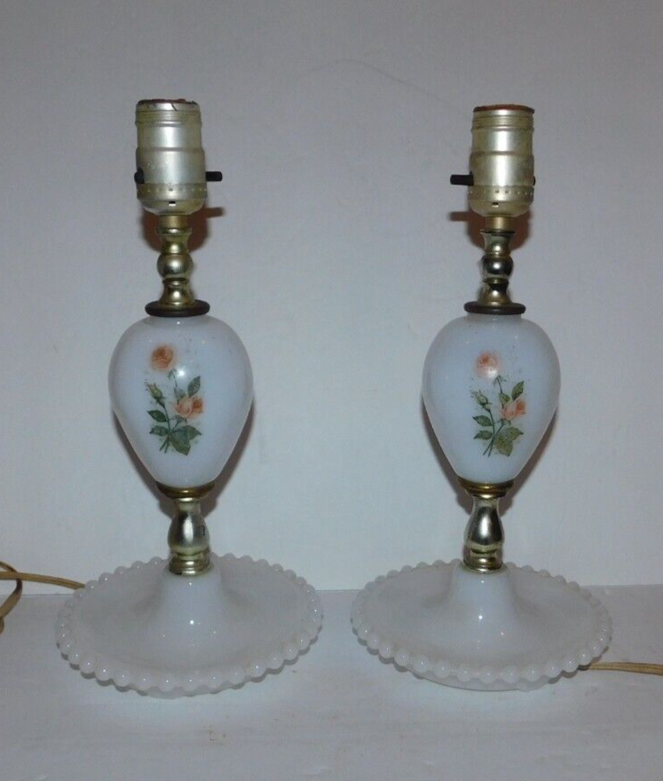 PAIR OF VINTAGE MILK GLASS DRESSER LAMPS WITH FLORAL DESIGN | eBay