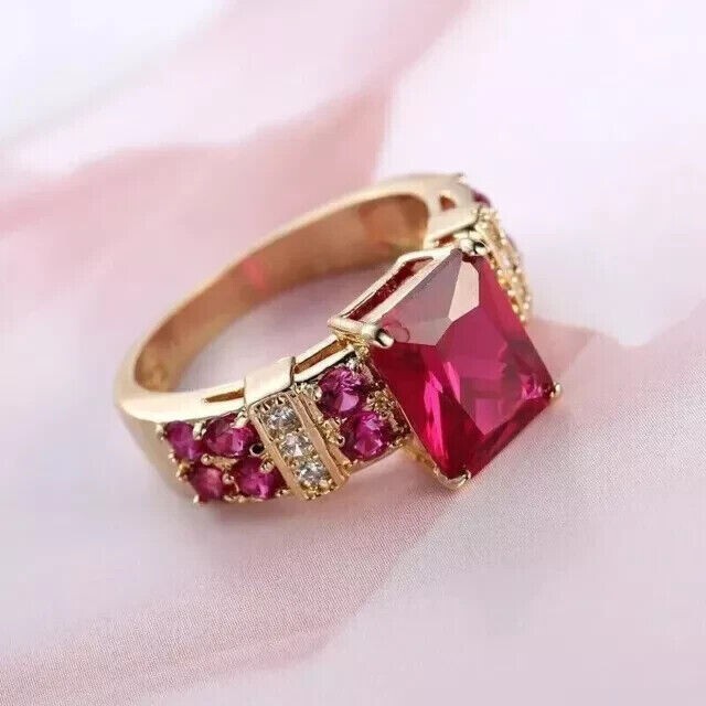 Lab Created 2CT Emerald Cut Red Ruby Women's Wedding Ring 14K Yellow ...