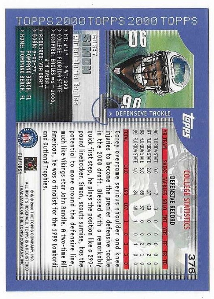 COREY SIMON 2000 Topps Football RC # 376 Philadelphia Eagles Rookie NM ...