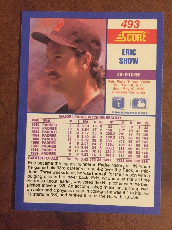 Eric Show 493 Score 1990 MLB Baseball Trading Card | eBay