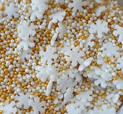 Christmas Snowflake White & Gold Sprinkle Mix - 50g - Edible Cake ...