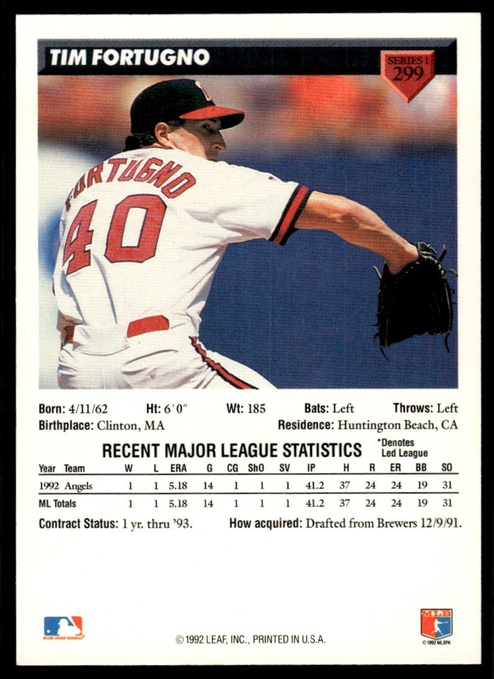 1993 Donruss Baseball Card Tim Fortugno Rookie California Angels #299 ...