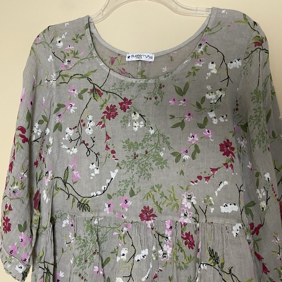 BlueBerry Floral Linen Blouse Top XS Art to Wear Lagenlook 3/4 Sleeve ...