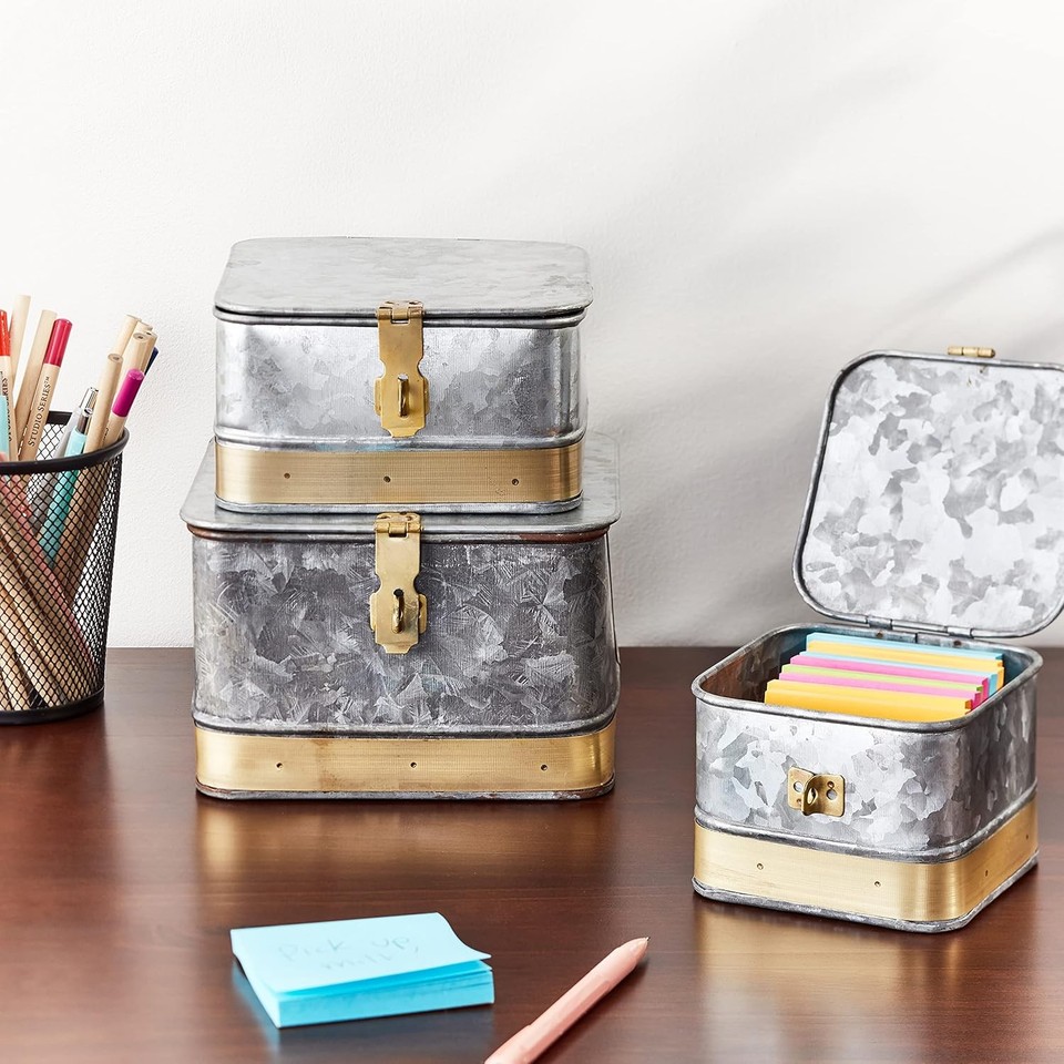 Decorative Metal Storage Boxes Set of 3 Silver Gold Lidded | eBay