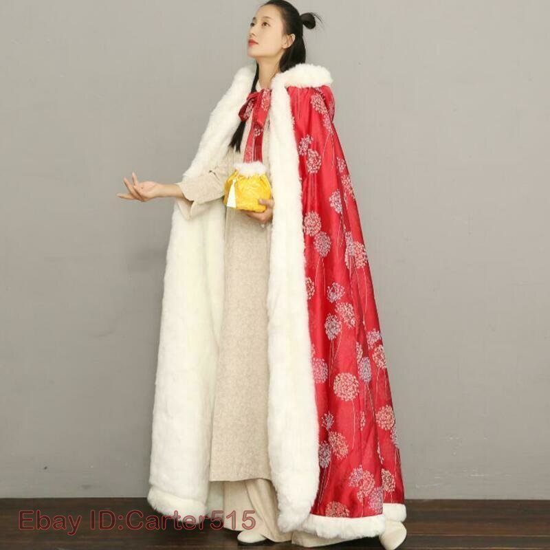 Womens Chinese Hanfu Faux Rabbit Fur Lined Cape Hooded Bridal Poncho ...